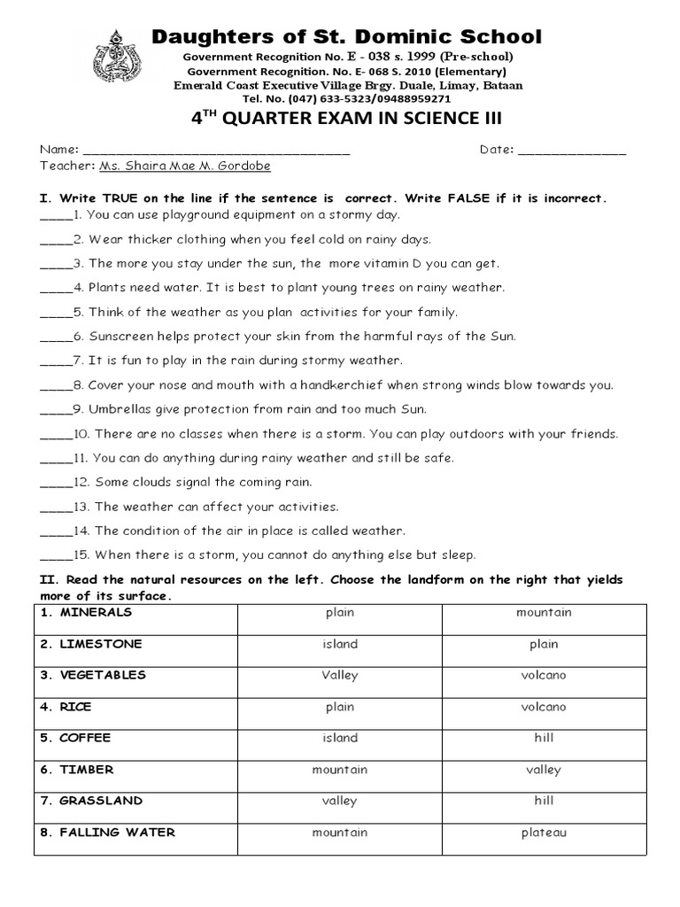 4TH Quarter Exam Science Iii | PDF | Weather | Nature