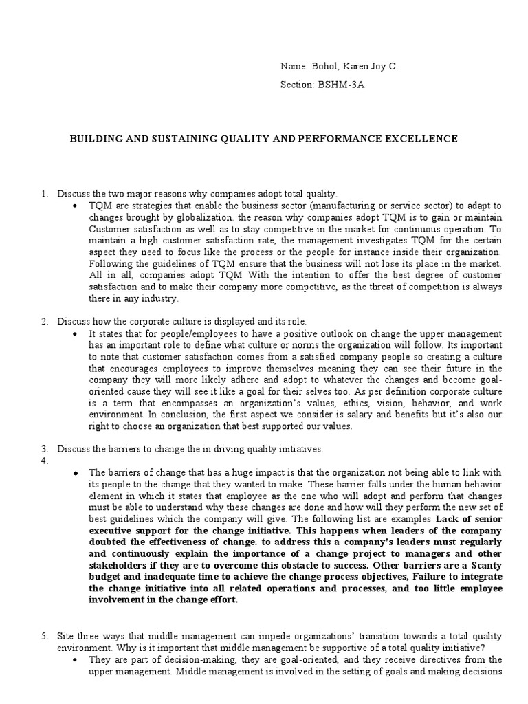 BUILDING AND SUSTAINING QUALITY AND PERFORMANCE EXCELLENCE | PDF ...