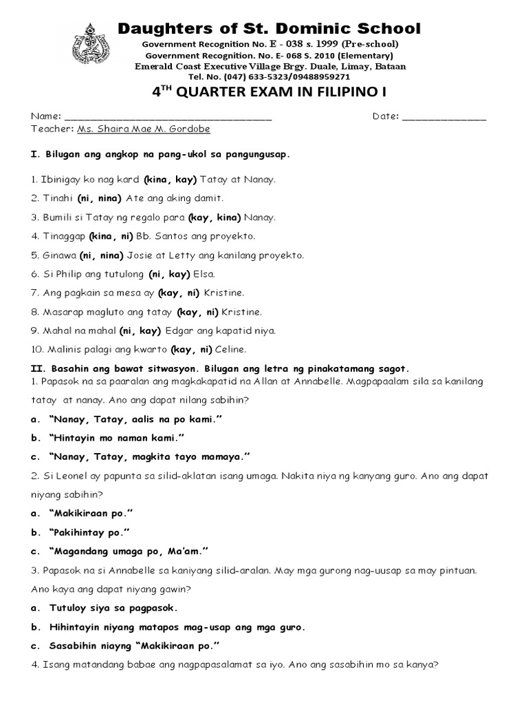 4TH QUARTER EXAM FILIPINO I | PDF