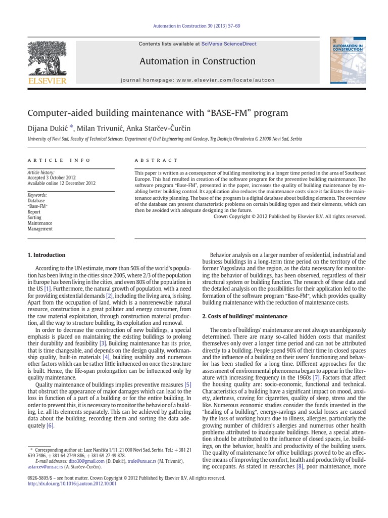Computer-Aided Building Maintenance With "BASE-FM" Program | PDF ...