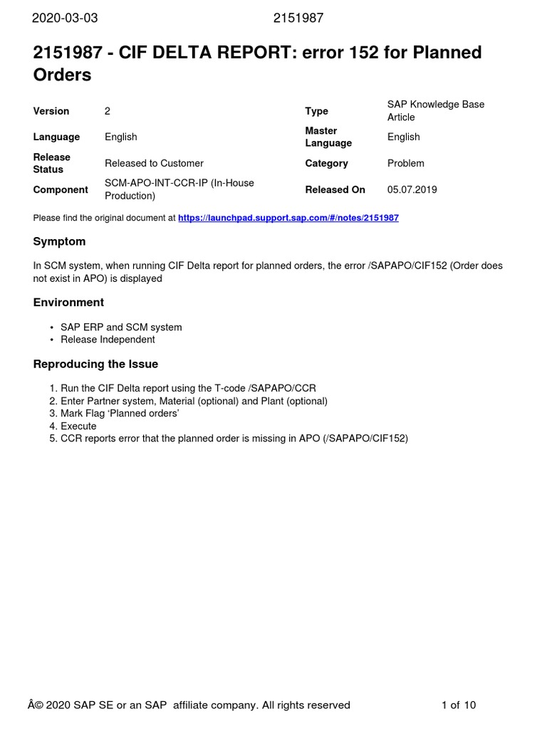 CIF Delta Report - Error 152 For Planned Orders | PDF | Error Detection And Correction ...