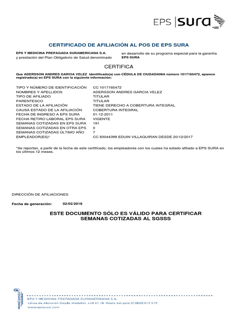 Certificado Afiliacion EPS | PDF