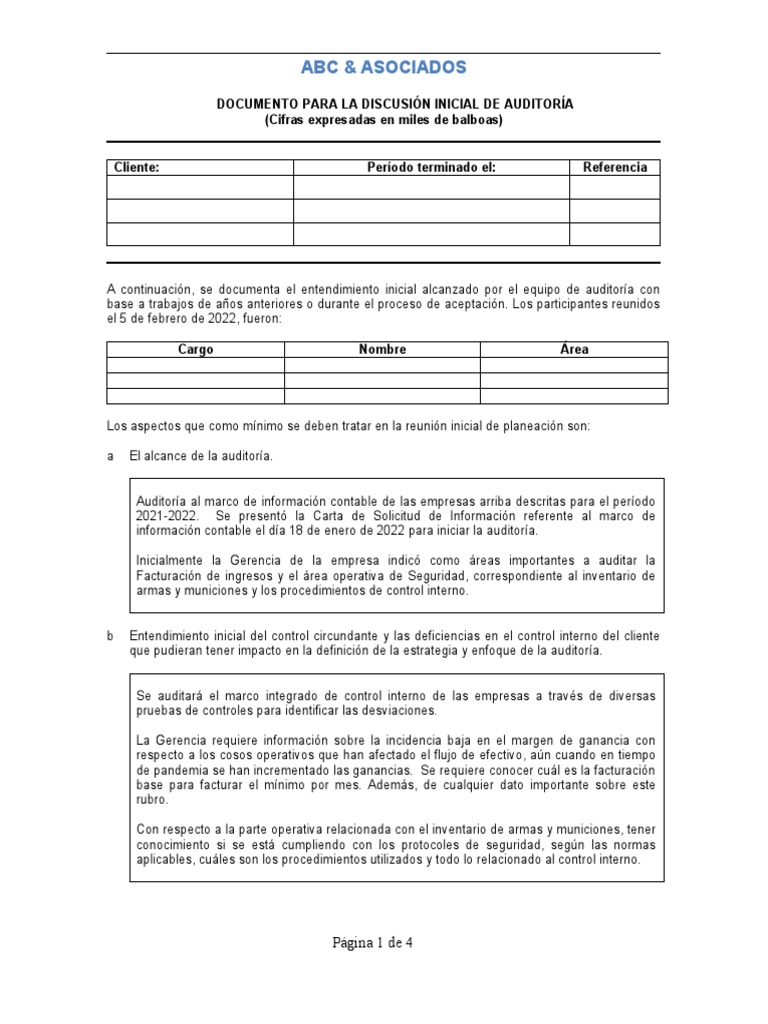 P-1 Discusion Inicial Auditoria-Modelo | PDF | Auditoría | Contabilidad