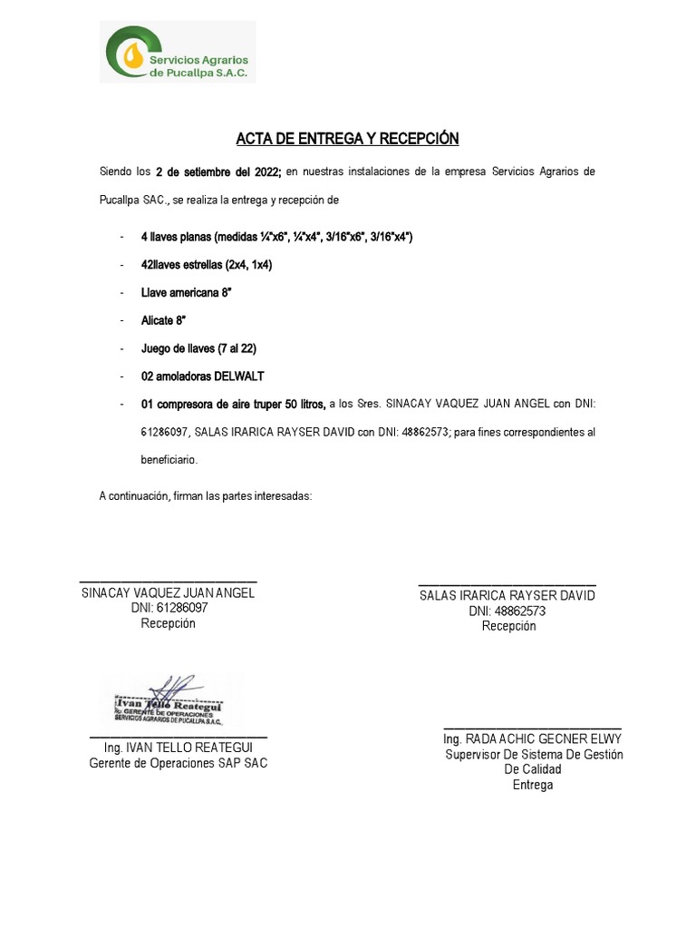 Acta de Entrega y Recepción | PDF