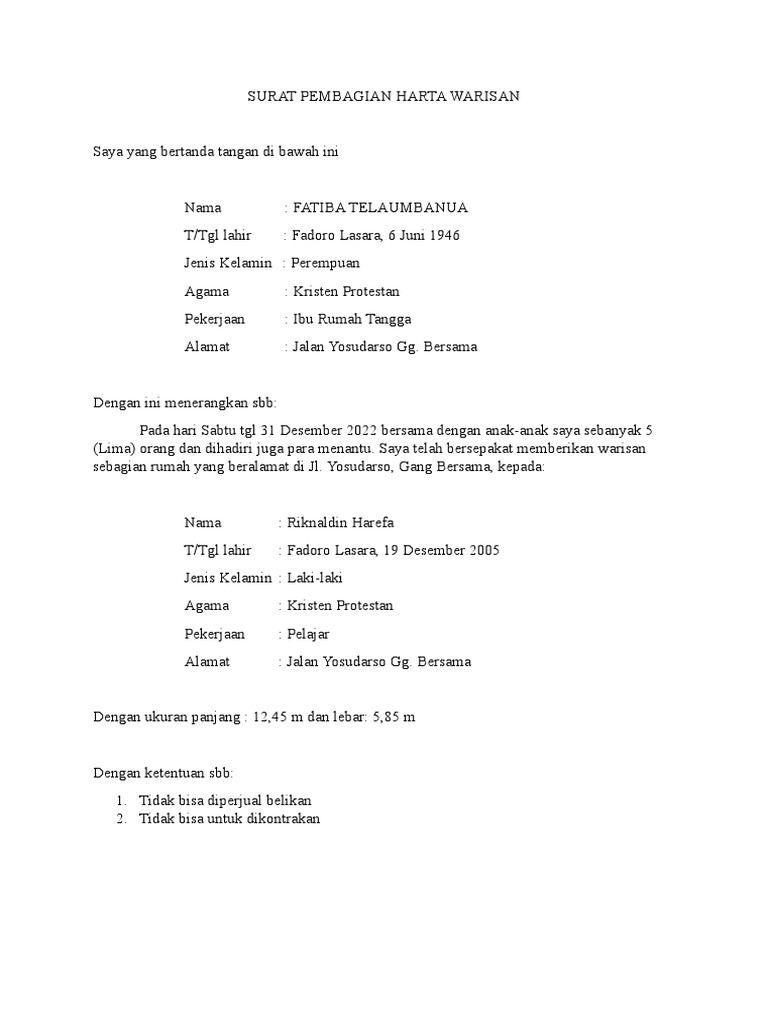 Surat Pembagian Harta Warisan-1 | PDF