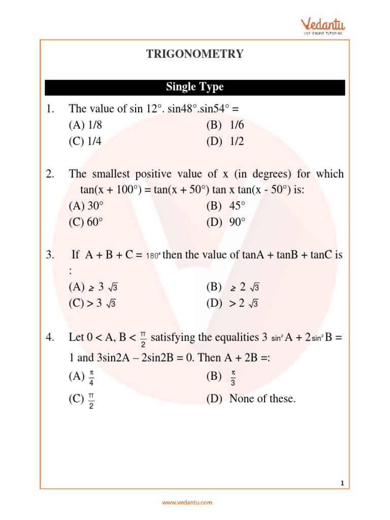 JEE Trigonometry Practice Questions | PDF