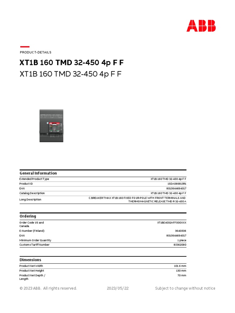 XT1B 160 TMD Circuit Breaker Specs | PDF | Alternating Current ...