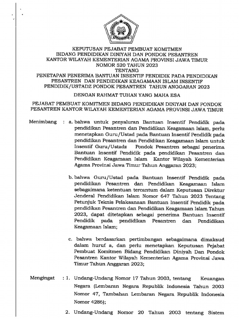 Sk Insentif Pondok Pesantren 2023 | PDF