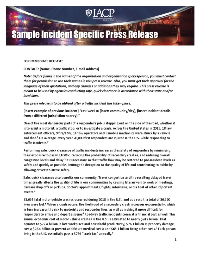 Sample - Incident Specific Press Release | PDF | Traffic Collision | Traffic