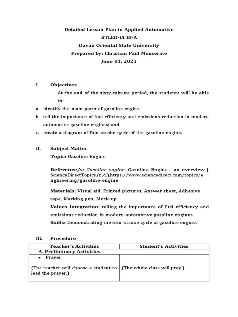 Detailed Lesson Plan in Applied Automotive | PDF