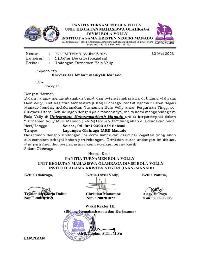 Surat Undangan Turnamen Volly 2023 | PDF