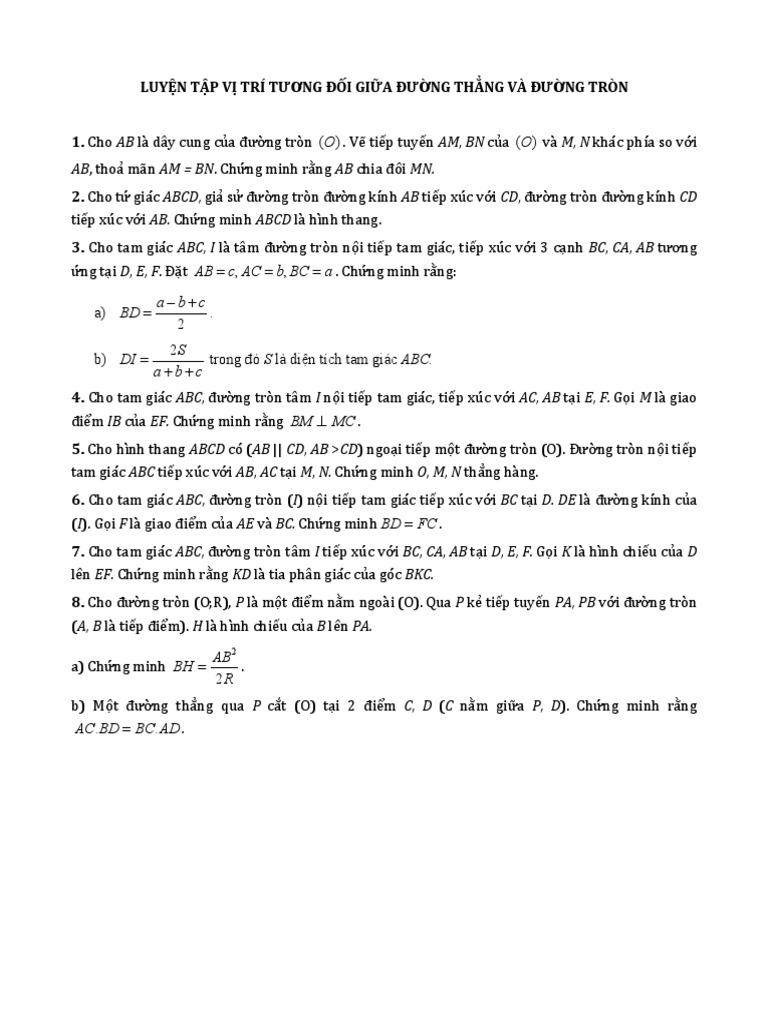 Luyen Tap Vi Tri Tuong Doi Giua Duong Thang Va Duong Tron - TC9 | PDF