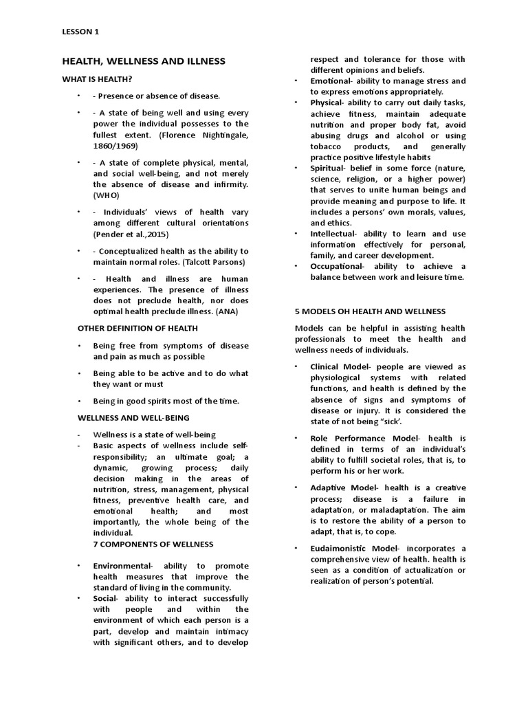 Funda Lesson1 Health and Wellness | PDF | Psychology | Psychological ...