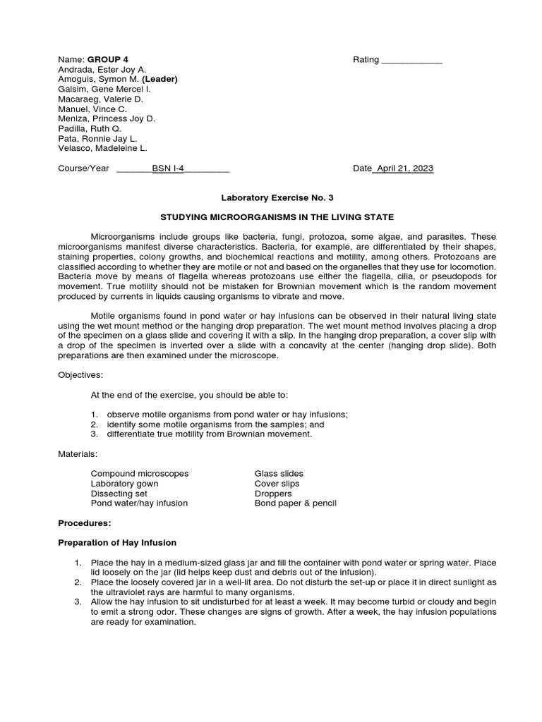 GROUP 4-Lab Exercise No.3-Studying Microbes in The Living State | PDF