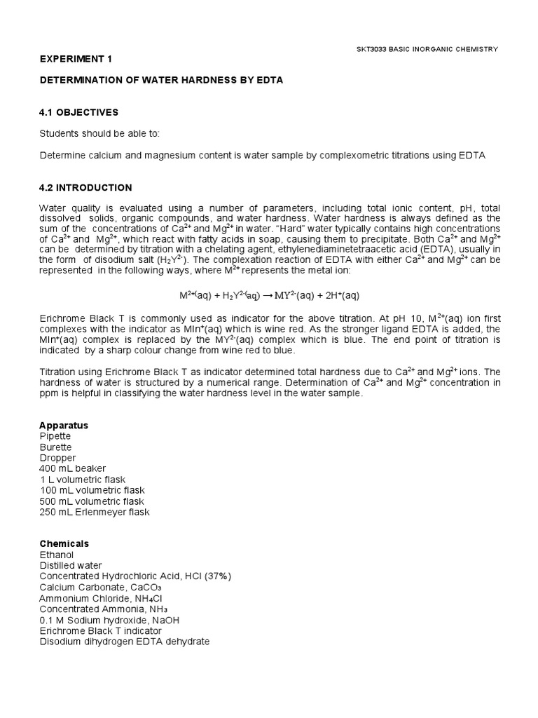 Experiment 1 Determination of Water Hardness by EDTA | Download Free ...