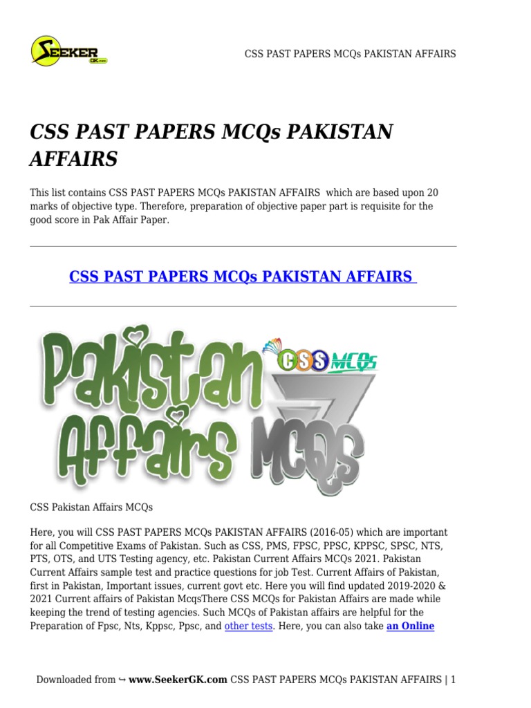 CSS PAST PAPERS MCQs PAKISTAN AFFAIRS (1) | PDF | All India Muslim ...