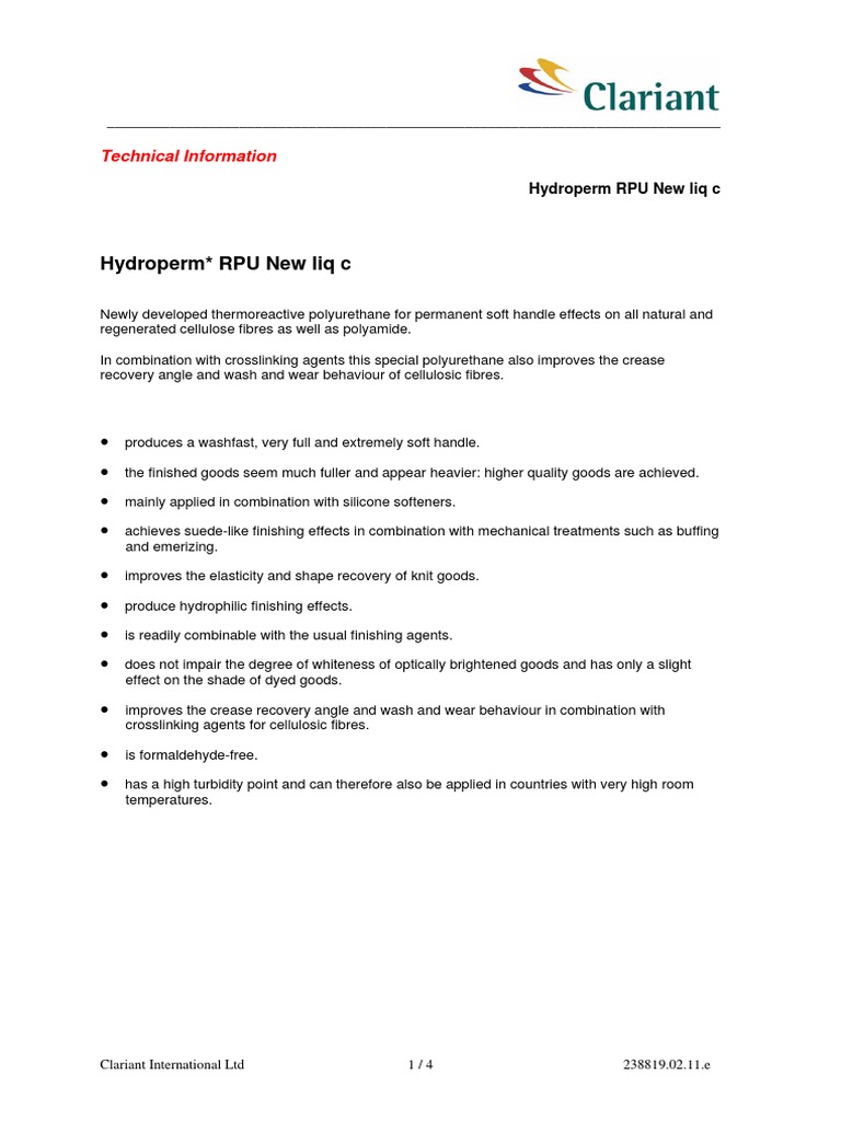 Clariant - Hydroperm RPU New Liq C - FT | PDF | Materials | Chemistry