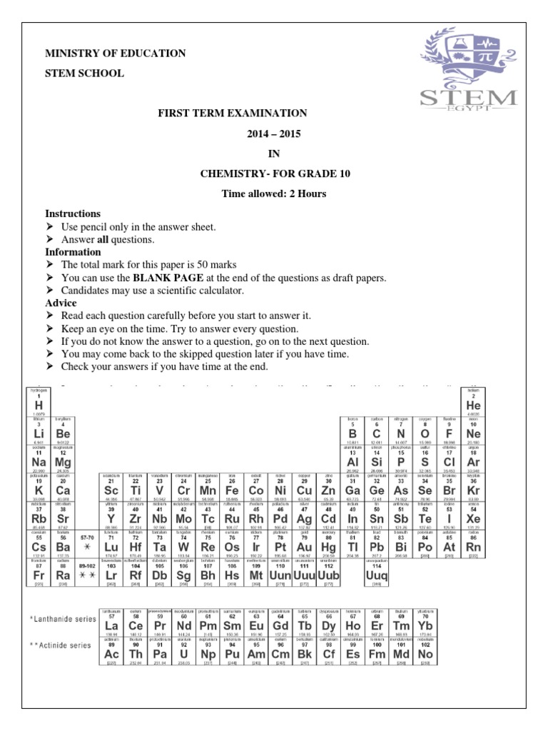 Final Exam 1st Term G10 2015 Chem | PDF