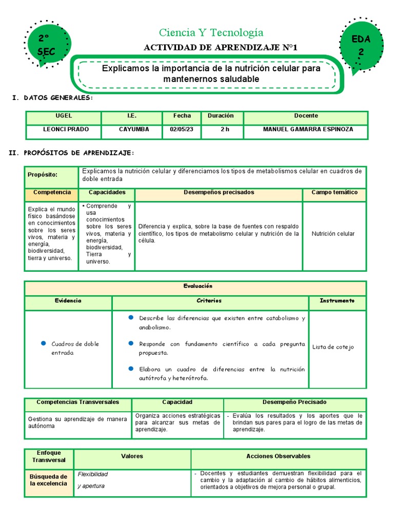 2° SESIÓN DE APRENDIZAJE SESIÓN1-SEM.1-EXP.2-CyT | PDF