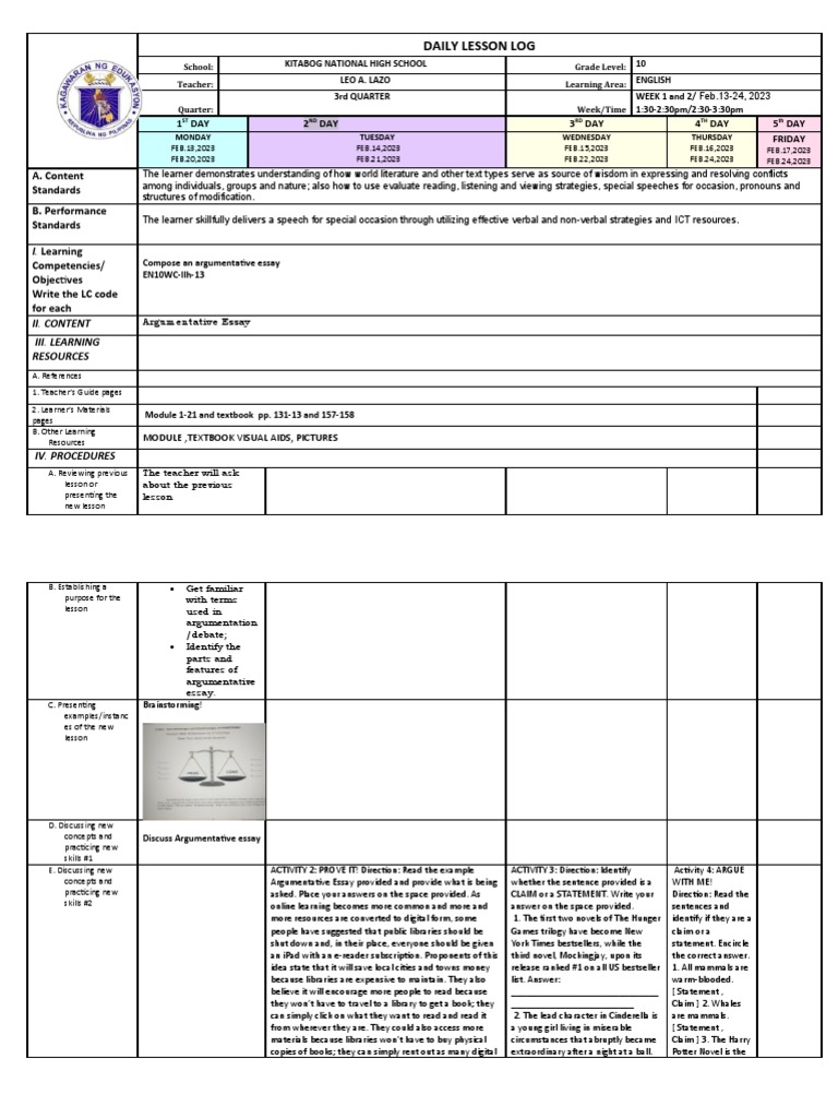 3rd GRADING DLL ENGLISH 10 WEEK 1 and 2 | PDF | Learning | Libraries