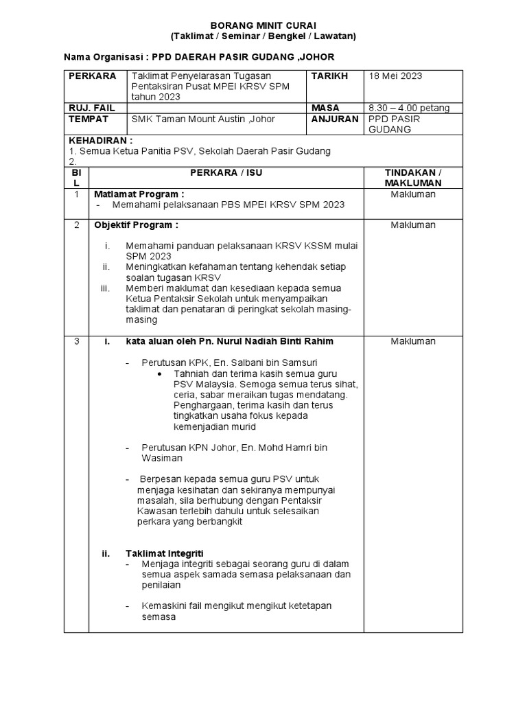 Minit Curai Taklimat Penyelarasan KRSV SPM 2023 | PDF