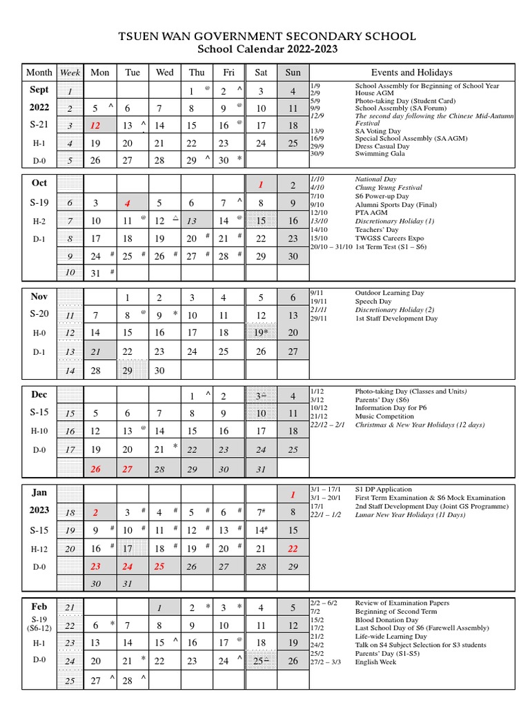 TWGSS School Calendar 2022-2023 | PDF | Educational Institutions | South China
