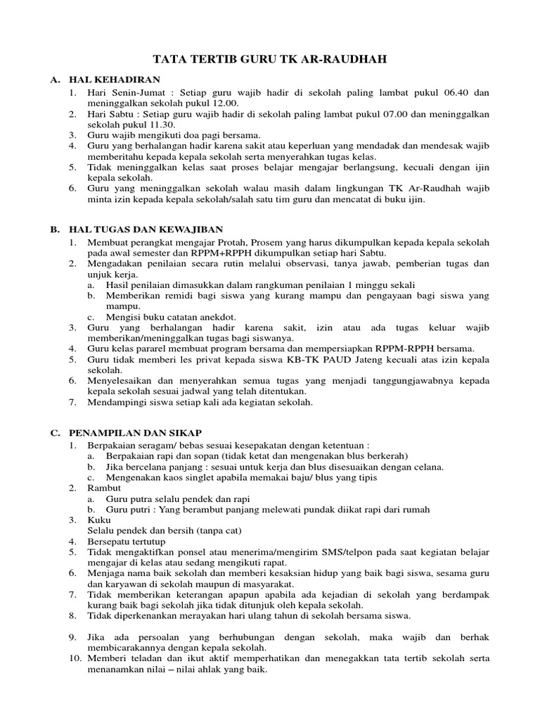 Contoh Tata Tertib Guru Paud TK KB | PDF