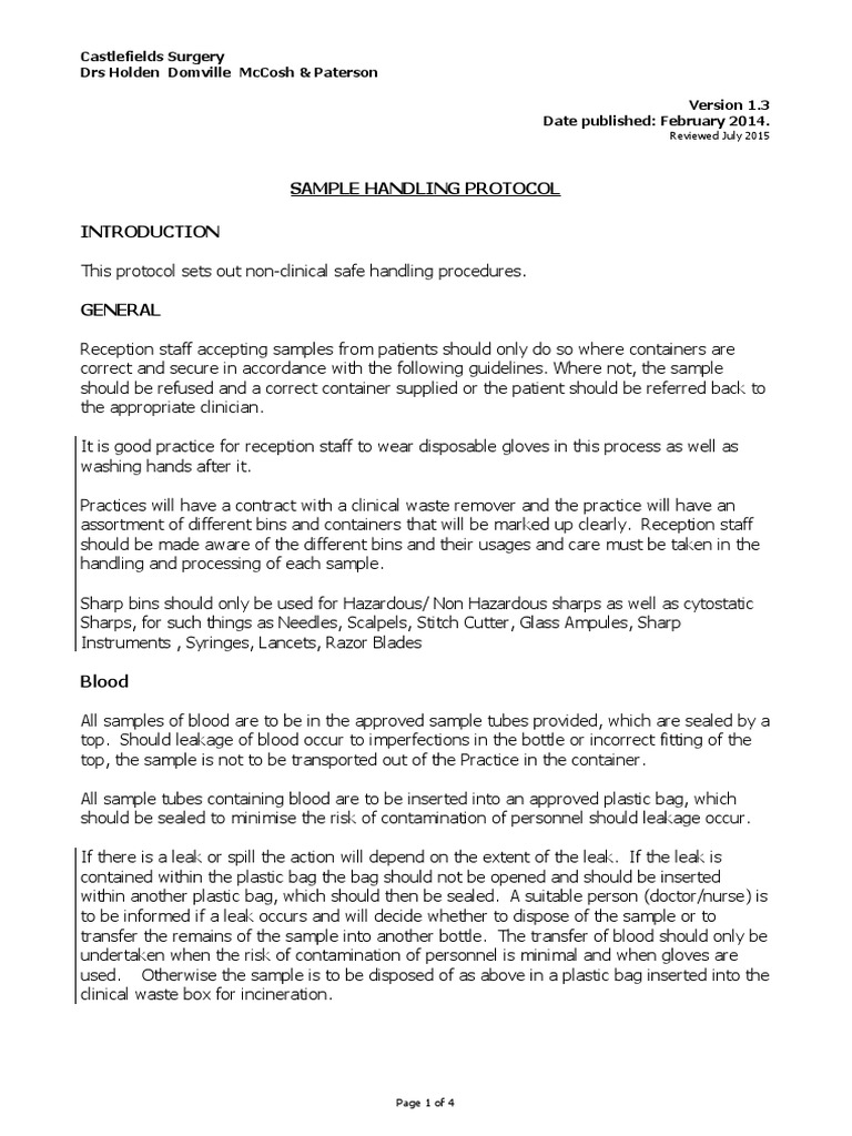 Sample Handling Protocol for Clinics | PDF | Wellness