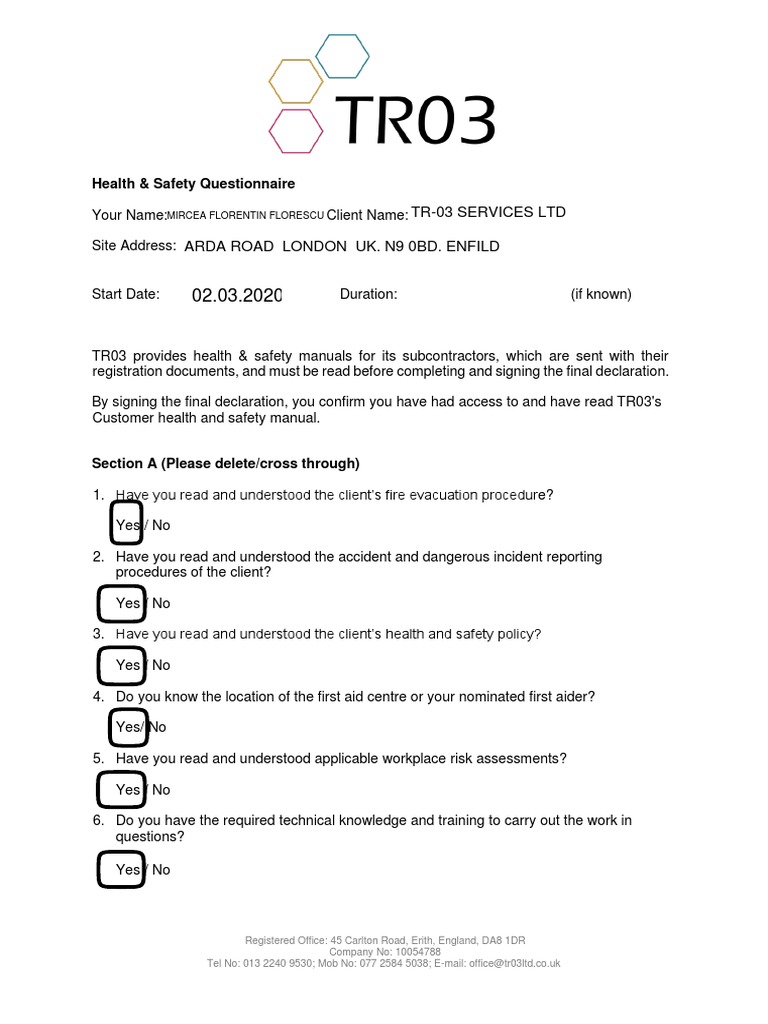 Health & Safety Questionnaire | PDF | Occupational Safety And Health ...