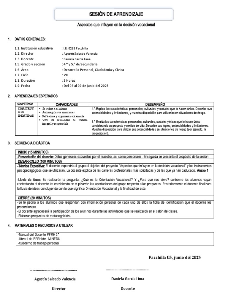 Sesión Orientacion Vocacional 4.° y 5.° | PDF