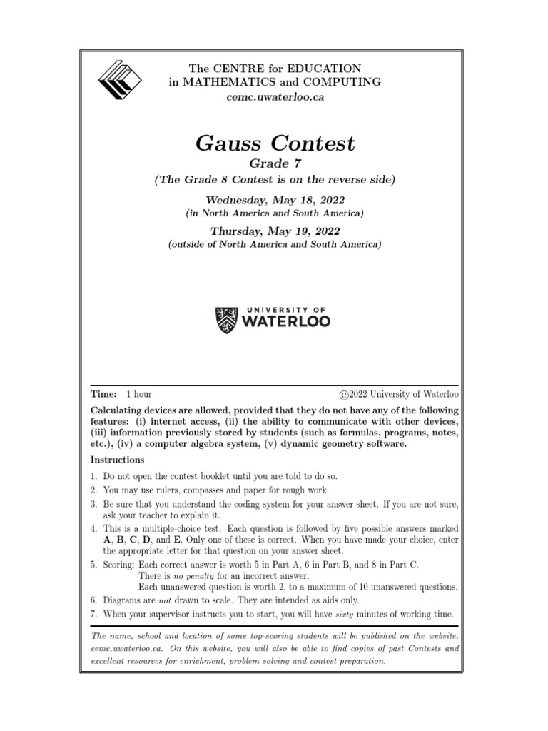 2022 Gauss 7 Contest | PDF | Mathematics