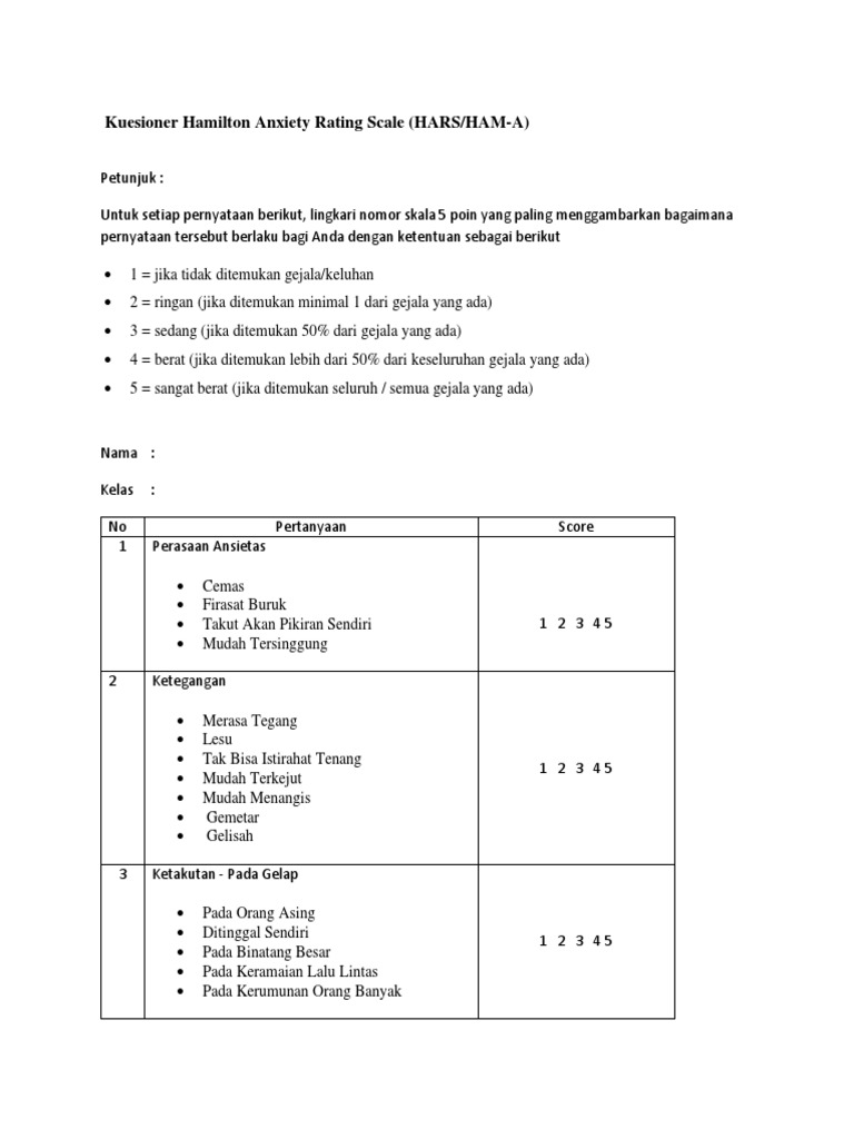 Kuesioner Kecemasan - Hars | PDF