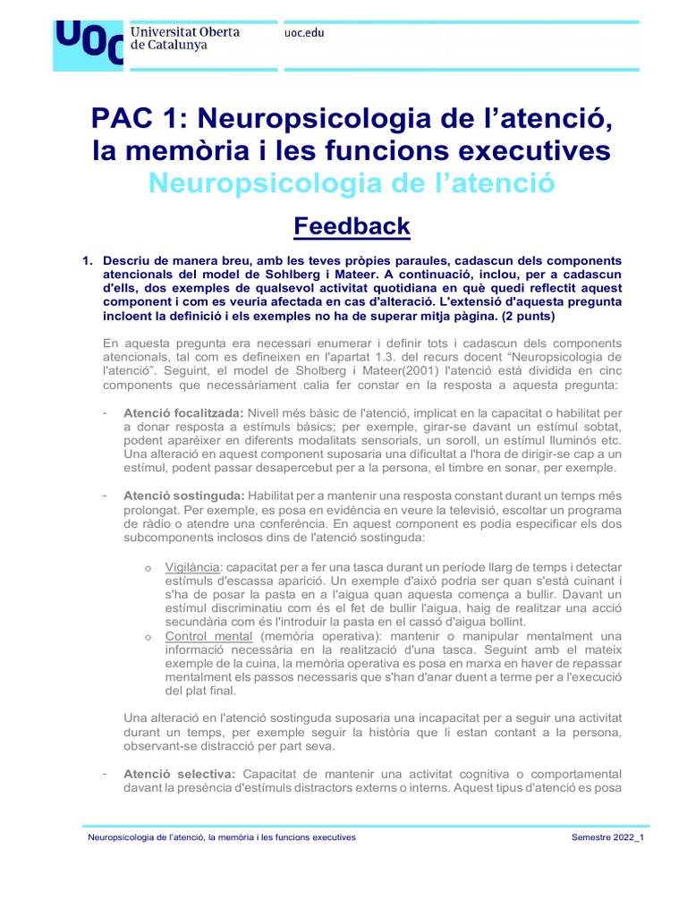 M0.269. PAC 1 - Neuropsicologia de L'atenció - Feedback | PDF