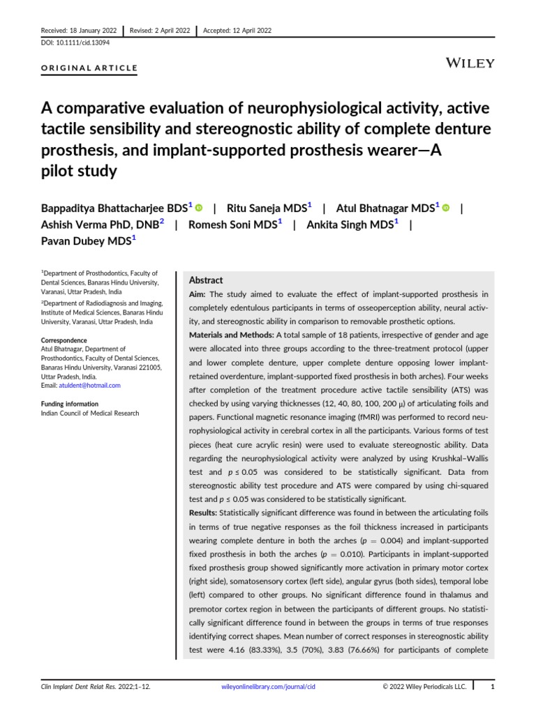 Tactile Sensibility Article Pdf Dental Implant Cerebral Cortex