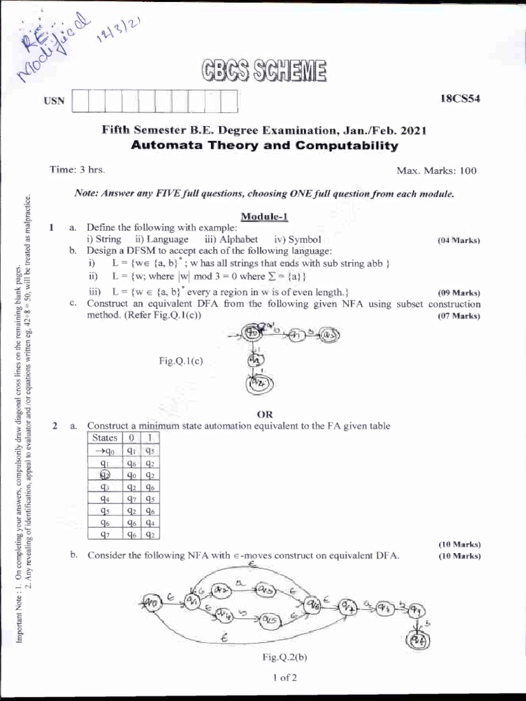 VTU Exam Question Paper With Solution of 18CS54 Automata Theory and Computability March-2021 ...
