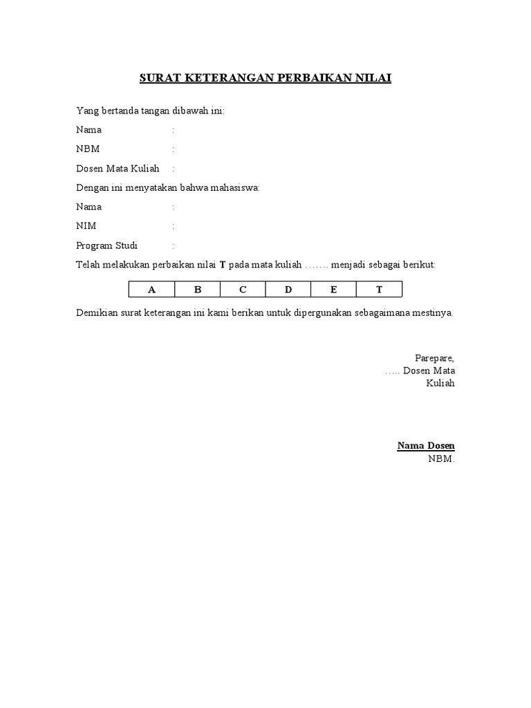 Surat Keterangan Perbaikan Nilai | PDF