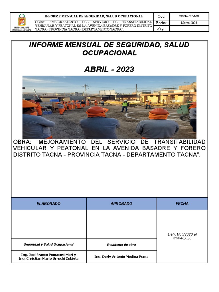 INFORME MENSUAL DE SEGURIDAD ABRIL 2023 - JFPM BASADRE Y FORERO - Docx CUZ | PDF