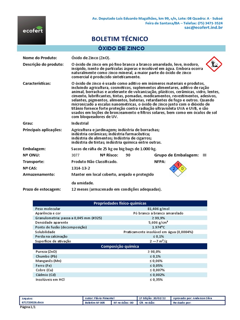 BT-005-Óxido de Zinco | PDF | Zinco | Tinta