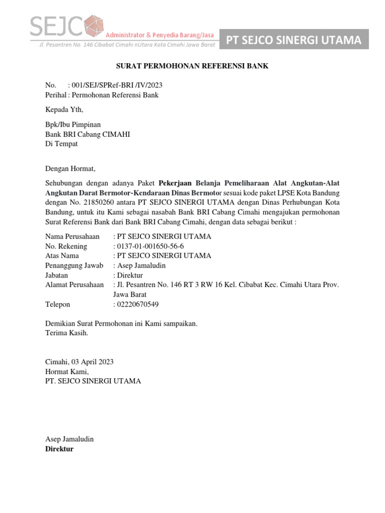 SURAT REFERENSI BANK BRI_SEJCO | PDF