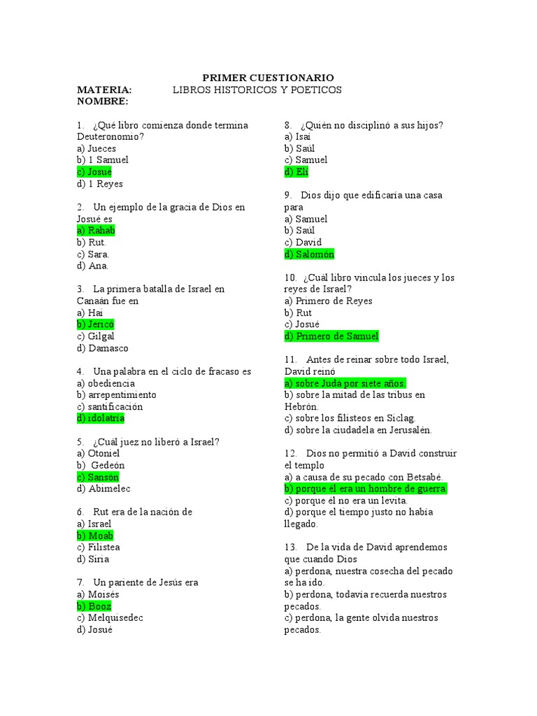 Cuestionario Biblico | PDF | David | Joshua