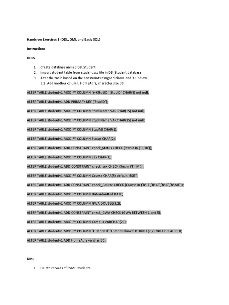 Exercises DDL-DML v1 | PDF | Software Engineering | Computing Exercises DDL-DML v1 | PDF | Software Engineering | Computing
