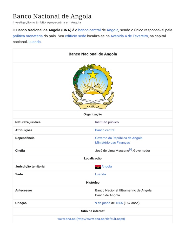 Banco Nacional de Angola: História e Funções | PDF | Bancos | Serviços ...