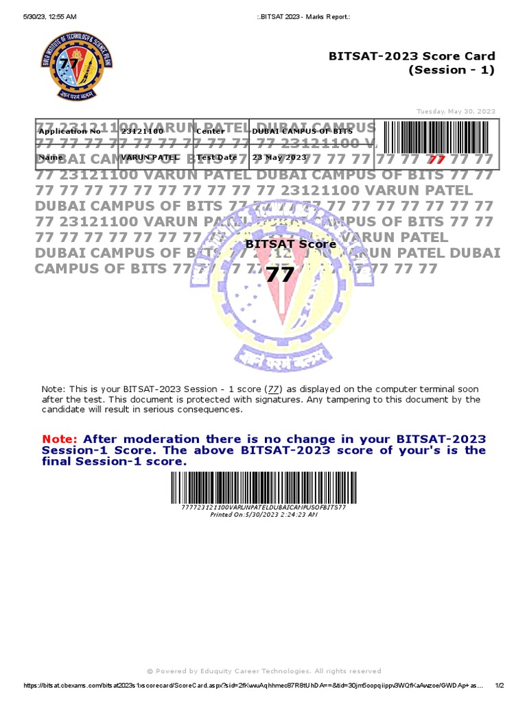 .BITSAT 2023 - Marks Report. | PDF