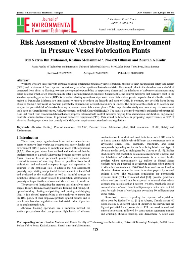 Risk Assessment of Abrasive Blasting Environment in Pressure Vessel ...