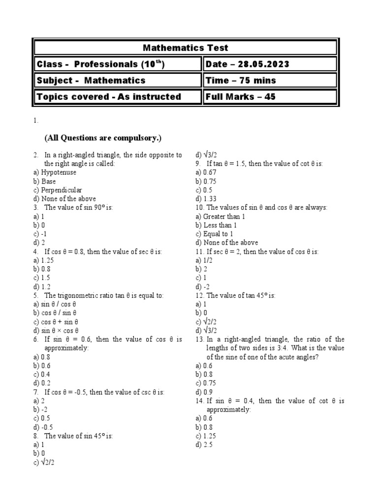Trigonometry 40 Marks | Download Free PDF | Trigonometry | Trigonometric Functions