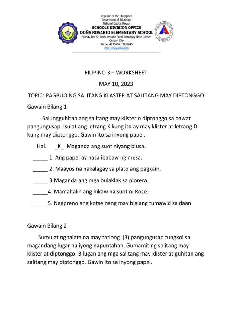 Diagnostic Test in Filipino 3 | PDF