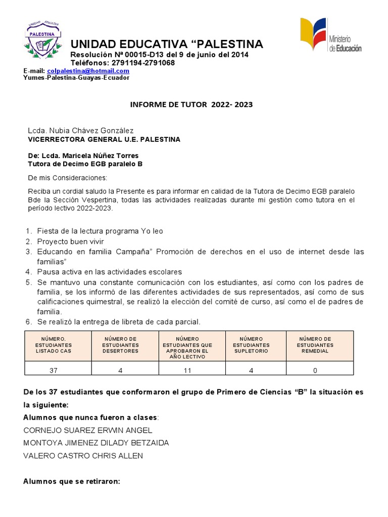 Informe Tutora Lcda Maricela Nuñez | PDF