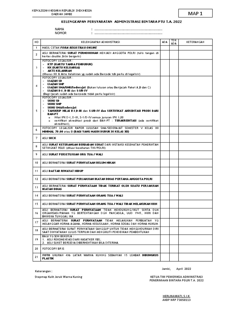 Lembar Ceklist Map Bintara Ptu 2022 Rikmin Oke 1 | PDF