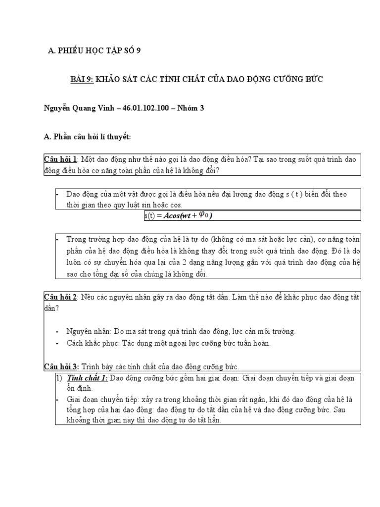 Bài 9 - KHẢO SÁT CÁC TÍNH CHẤT CỦA DAO ĐỘNG CƯỠNG BỨC | PDF