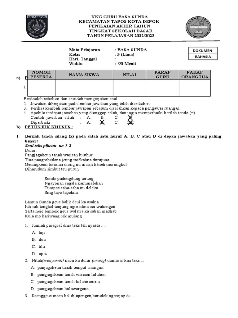 Soal Pat 2023 - Bahasa Sunda - Kelas 5 | PDF